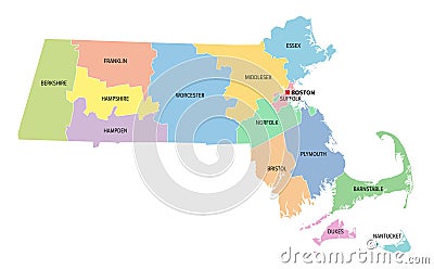 Massachusetts, U.S. State, Subdivided Into 14 Counties, Multi Colored ...