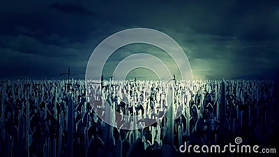 A Massive Army Crowd of Medieval Warriors Preparing for War by Cheering ...