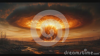 Massive Fiery Explosion In Barren Landscape With Dramatic Clouds Stock ...