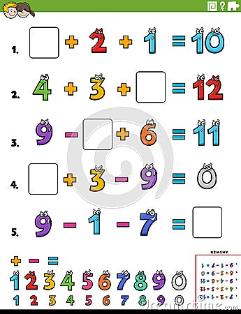 Math Calculation Educational Worksheet Page For Children Cartoon Vector ...