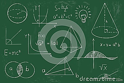Math Geometry Graph And Shapes On Blackboard Background. Set Science ...