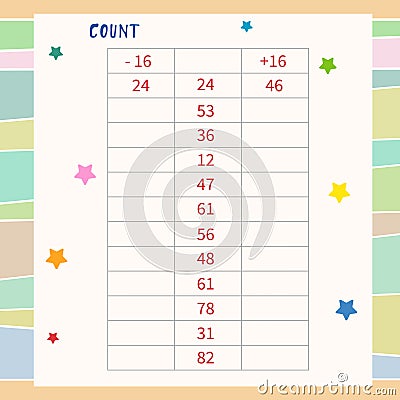 Math Worksheet For Kids. Subtraction And Addition Cartoon Vector ...