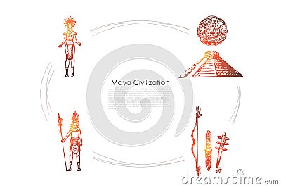 Maya Civilization - Maya People, Tools And Pyramid Vector Concept Set | CartoonDealer.com #143029316