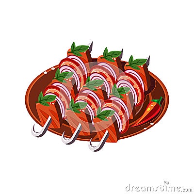 Meat Pieces And Vegetables On A Spit Served Food Cartoon Vector ...