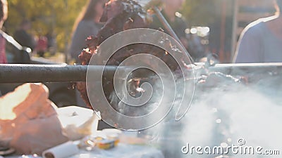 Meat on Spit Roasted Outside Stock Video - Video of meal, barbecue ...