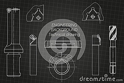 Mechanical Engineering Drawings On Black Background. Tap Tools, Borer ...