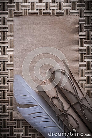Medieval Blank Sheet Rolled Paper Quill On Wicker Wooden Backgro Stock ...