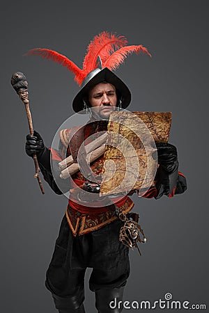 Medieval Conquistador Explorer With Antique Map And Torch Royalty-Free ...