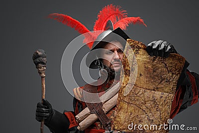Medieval Conquistador Explorer With Antique Map And Torch Stock Image ...