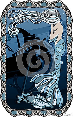 Mermaid Crying On Background Of Sunken Ship Cartoon Vector ...