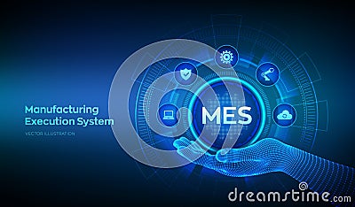MES Icon In Wireframe Hand. Manufacturing Execution System. Business ...