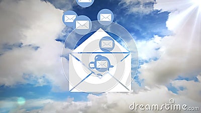 Message Icon Floating Against Shining Sun and Clouds in the Blue Sky ...