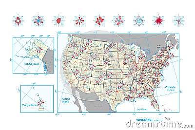 Windrose Chart Set, Compass Rose With Map Example Vector Illustration ...