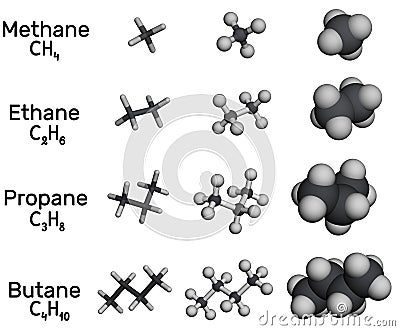 Methane, Ethane, Propane, Butane Alkane Molecule. Various 3D Molecular ...