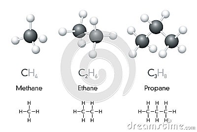 Methane, Ethane, Propane Chemical Formulas And Molecule Models Cartoon ...