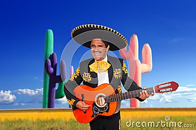 Mexican Mariachi Charro Playing Guitar In Cactus Stock Photography ...