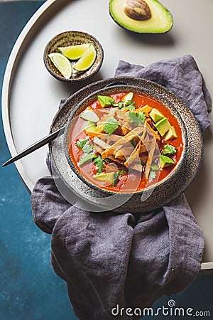 Mexican Style Table With Spicy Aztec Soup With Fried Tortilla. Sopa ...