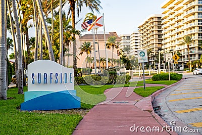Miami Beach Surfside Sign With View Of Champlain Towers In Background ...