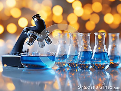 Microscope And Glass Flasks With Blue Liquid On A Reflective Surface ...