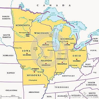 Midwest Region Of The United States, American Midwest, Political Map ...