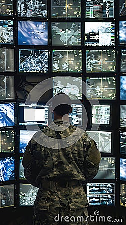 A Military Strategist Studies A Wall Of Monitors Each Screen A Window ...