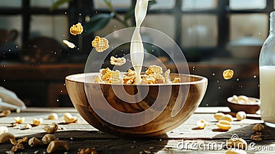 Milk Is Poured In Cornflakes In Wooden Bowl. Exploding Of Cornflakes ...
