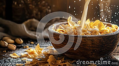 Milk Is Poured In Cornflakes In Wooden Bowl. Exploding Of Cornflakes ...