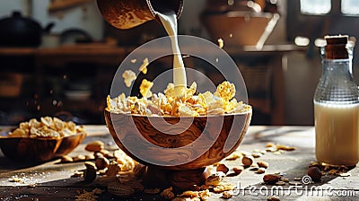 Milk Is Poured In Cornflakes In Wooden Bowl. Exploding Of Cornflakes ...