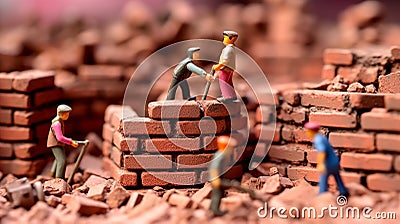 Mini Human Toys, Building A Wall With Bricks, Their Efforts Forming A ...