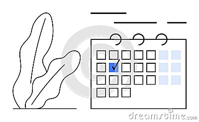 Minimalist Calendar With Marked Date And Leaf Drawing Vector ...