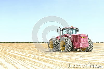 Minimalistic Watercolor Illustration Of Red Tractor On Field In Summer ...