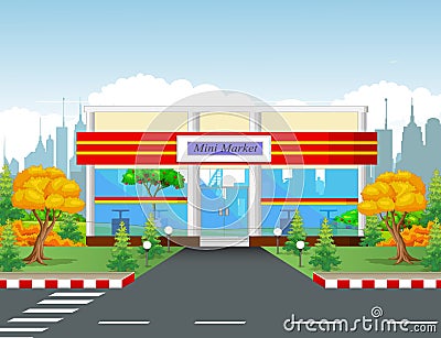 Minimarket Building With Town Background Cartoon Vector | CartoonDealer ...