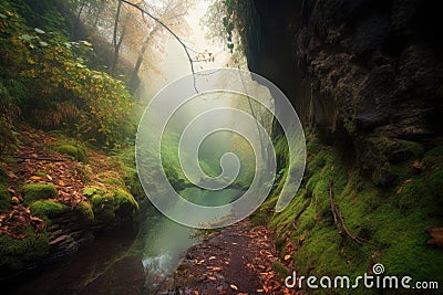 Misty Forest Pathway With Hidden Waterfall And Reflection Royalty-Free ...