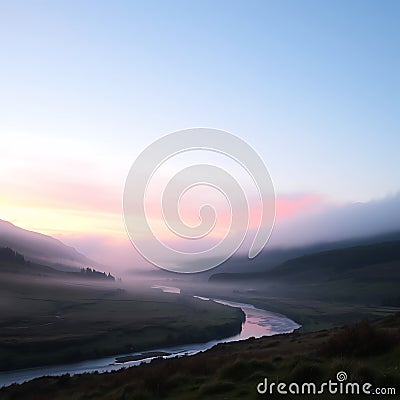 Misty Scottish River Valley With Dawn Sky Stock Photography ...