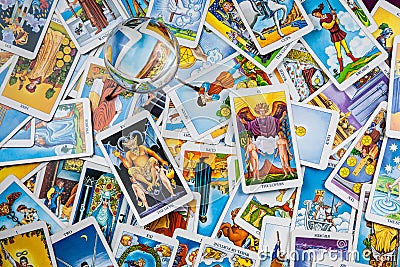 Mixed Tarot Cards On The Table With A Magic Ball. Stock Photos - Image ...