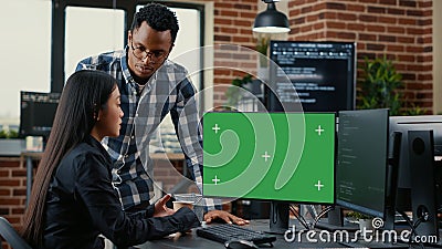 Mixed Team Of Programmers Analyzing Source Code Looking At Green Screen Chroma Key Mockup Stock ...