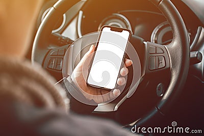 Mockup Smartphone Blank White Screen In Female Driver Hand Over ...
