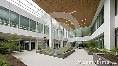 Modern Atrium With Wooden Ceiling And Lush Planters Inside Office ...