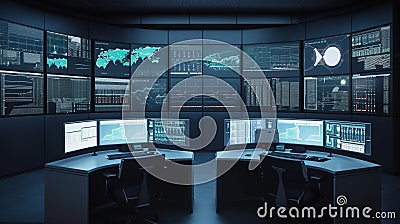 Modern Control Room. Multiple Personal Computer Monitors Showing Coding Language Program With ...