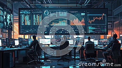 Modern Data Center With Analysts At Workstations Monitoring Digital ...