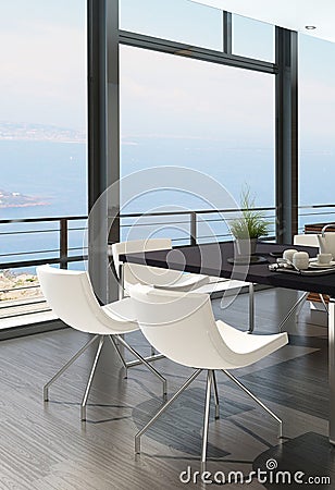 Modern Dining Table Against Floor To Ceiling Window With Landscape View ...