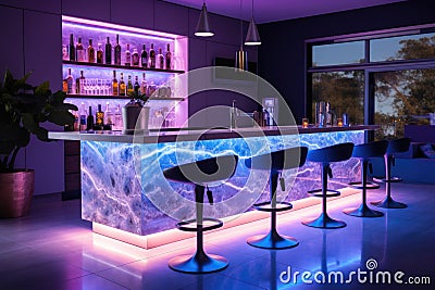 Modern Kitchen With A Bar Counter And Neon Lighting Royalty-Free Stock ...