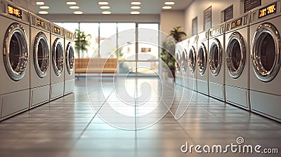 Modern Laundromat With Rows Of Washing Machines In Bright Facility With ...