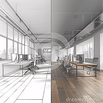 Modern Office Transition From Technical Drawing, Blueprint To Reality ...