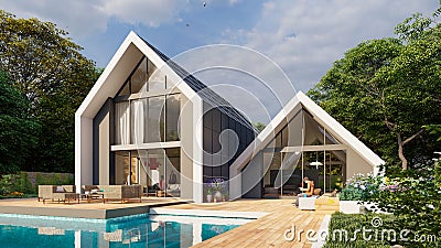 Modern Pitched Roof Villa With Pool And Garden Stock Image ...