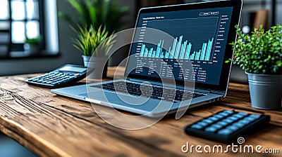 A Modern Workspace With Laptop, Charts, And Calculators On A Wooden ...