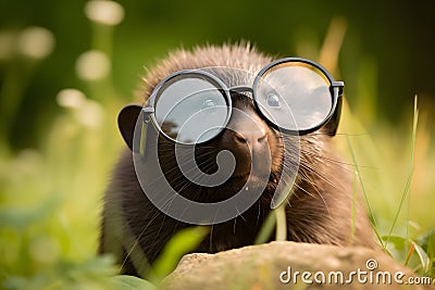 A Mole With Glasses On A Background Of Green Grass. Generative AI ...