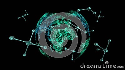 Molecule Structure Moving Against Spinning Globe on Black Background ...