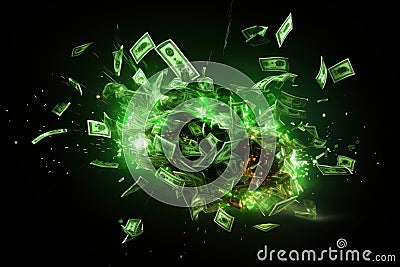 Money Explosion With Glowing Particles On Dark Background. 3D ...