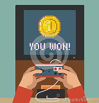 Monitor Screen With Congratulations Retro Video Game Cartoon Vector ...